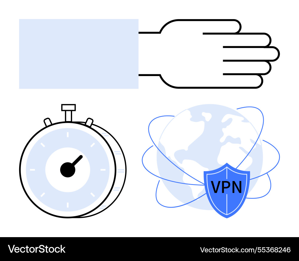 Hand stopwatch and vpn globe representing speed Vector Image