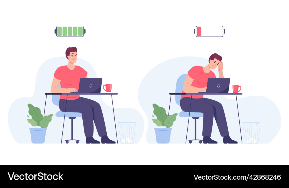 Happy and exhausted man at workplace flat Vector Image