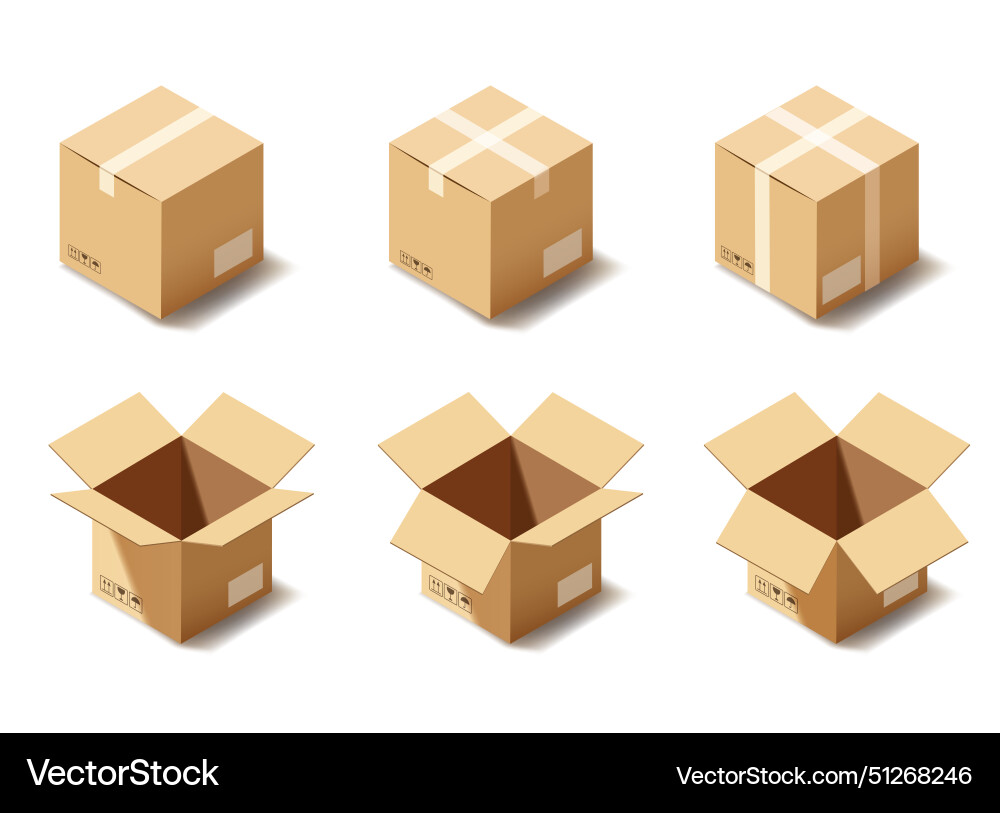 Realistic open and closed cardboard boxes mockup Vector Image