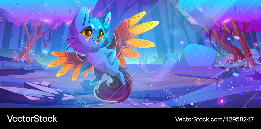 Cute monster cat on fantasy forest landscape Vector Image