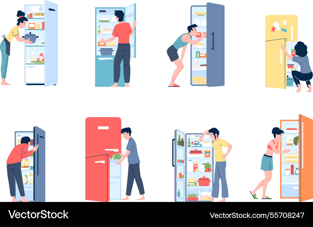 People and fridge men women using refrigerator Vector Image