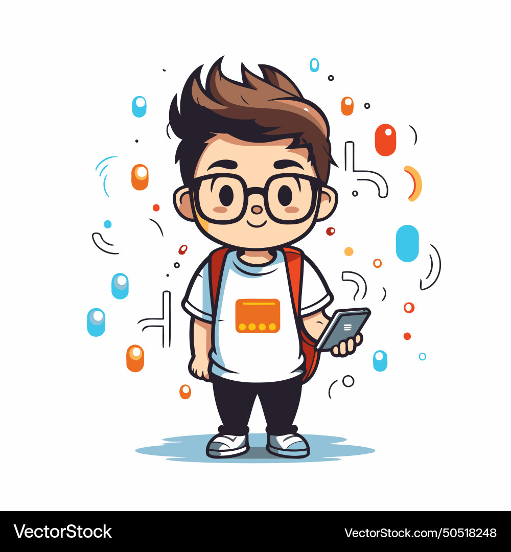 Cute boy using mobile phone in cartoon style Vector Image