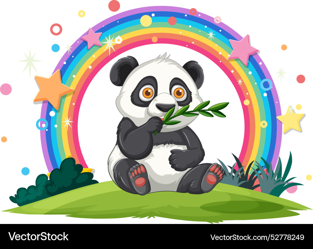 Cute panda holding bamboo under a rainbow Vector Image
