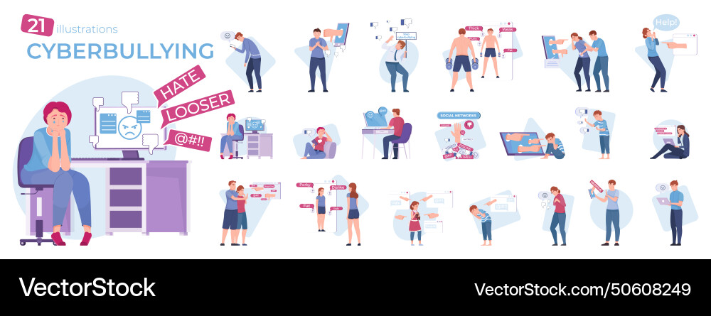 Cyberbullying flat icon set Royalty Free Vector Image