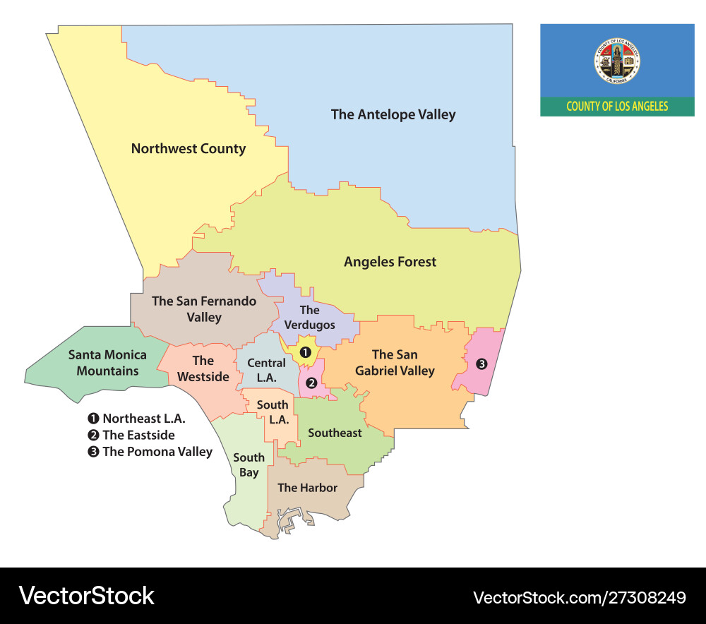 Los angeles county regions map with flag Vector Image