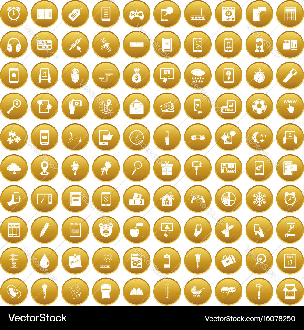 100 mobile app icons set gold Royalty Free Vector Image