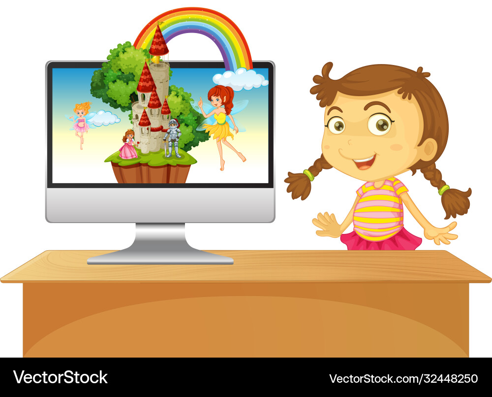 Happy girl next to computer with castle desktop Vector Image