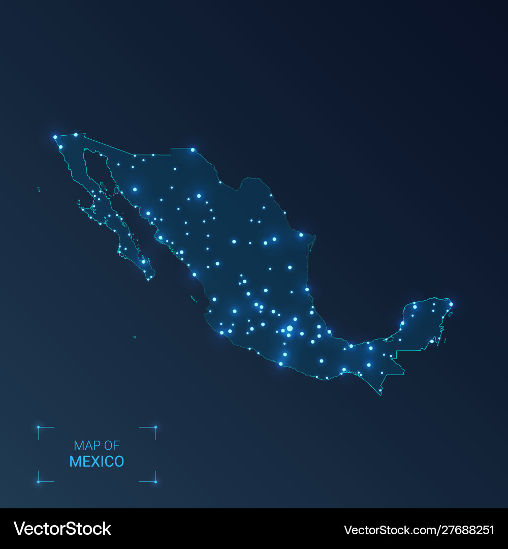 Mexico map with cities luminous dots - neon Vector Image