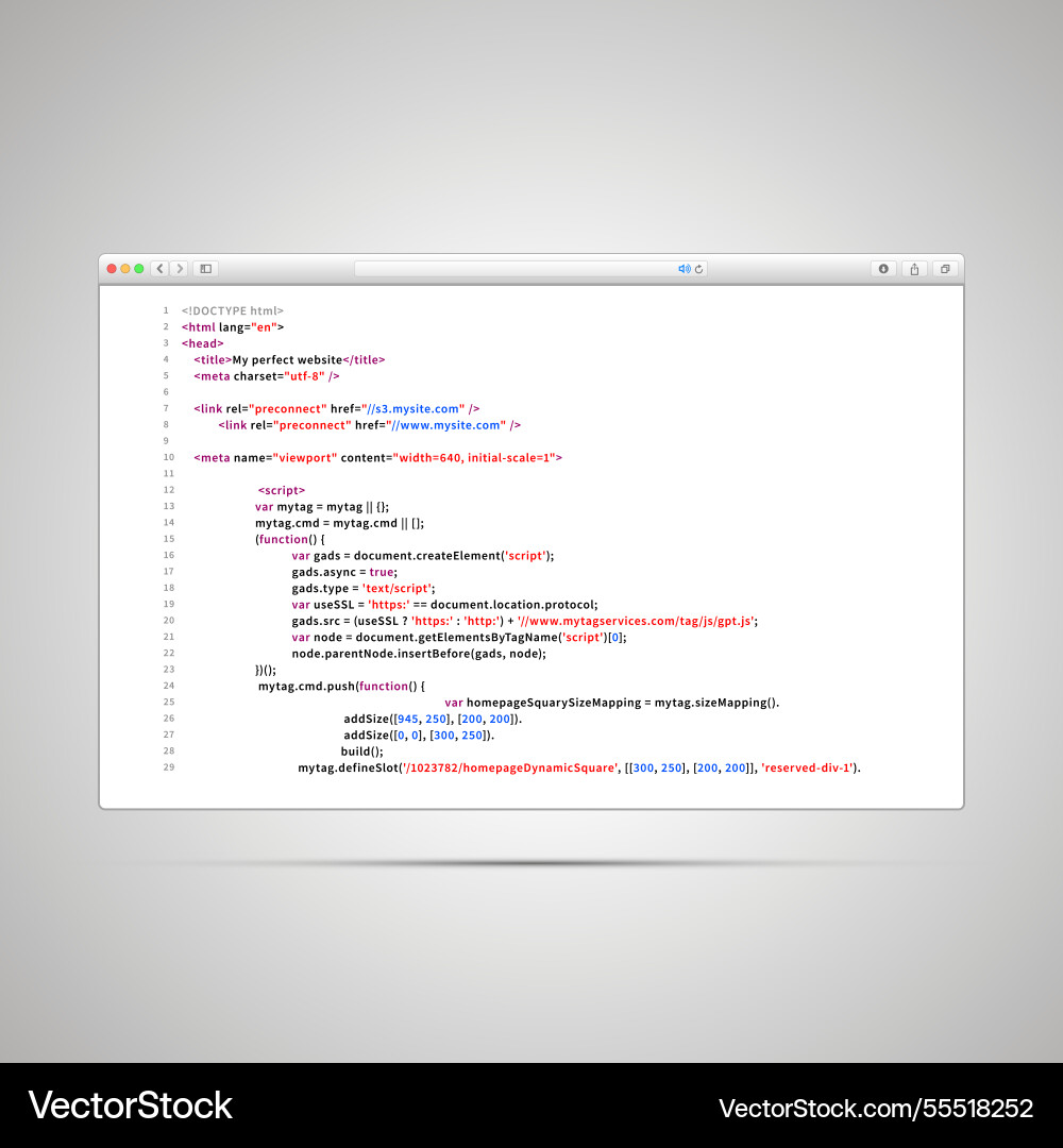 Browser window with simple html code of web page Vector Image