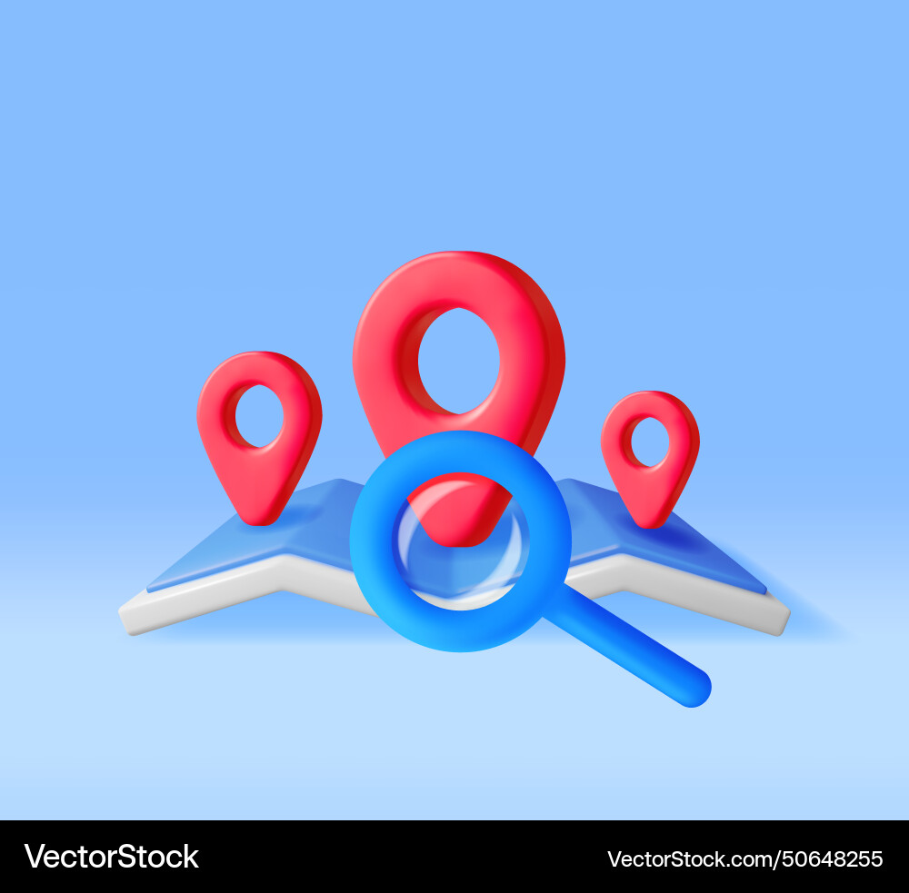 3d location folded paper map with magnifying glass