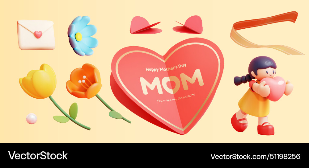 3d festive mothers day set Royalty Free Vector Image