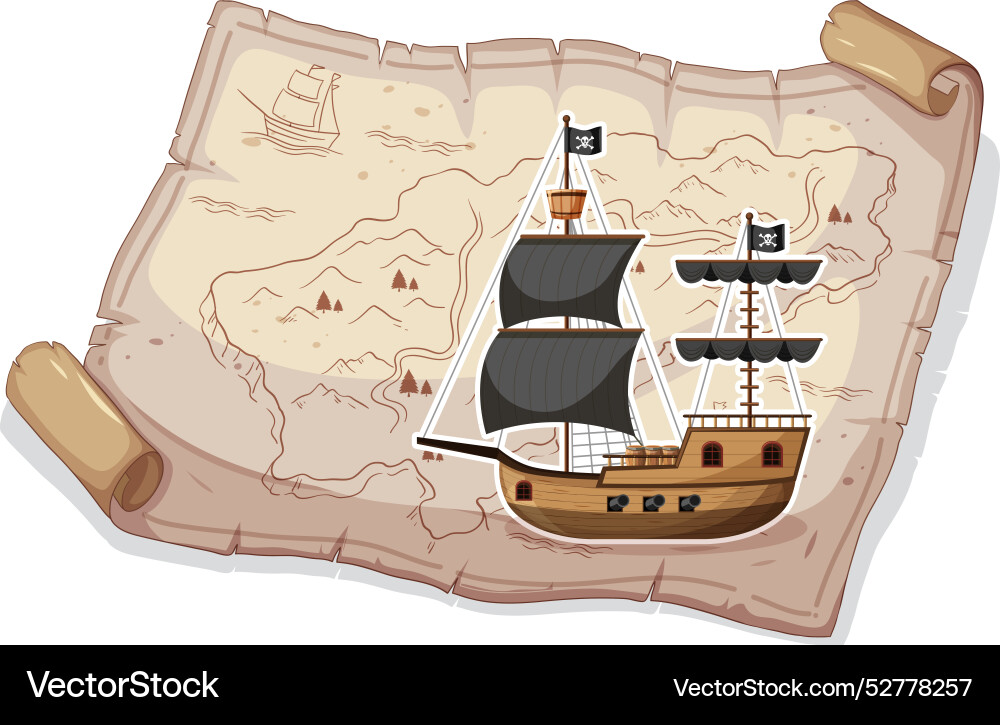 Pirate ship sailing on ancient treasure map Vector Image