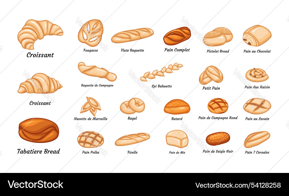 French bread bakery product set colored Royalty Free Vector