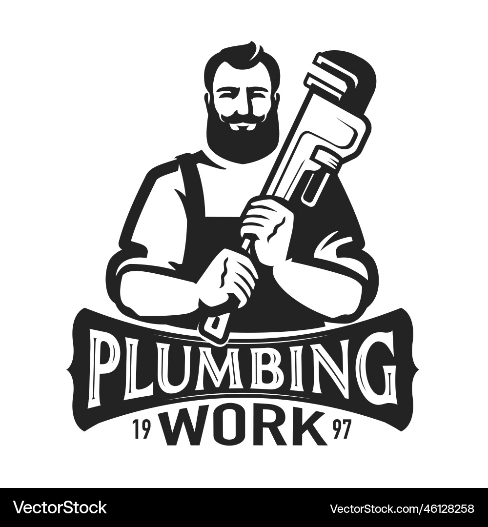 Plumber with plumbing wrench emblem logo Vector Image