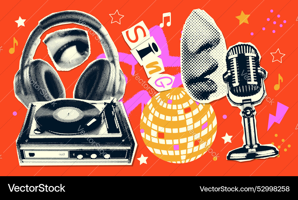 Retro groovy music collage elements set with mouth