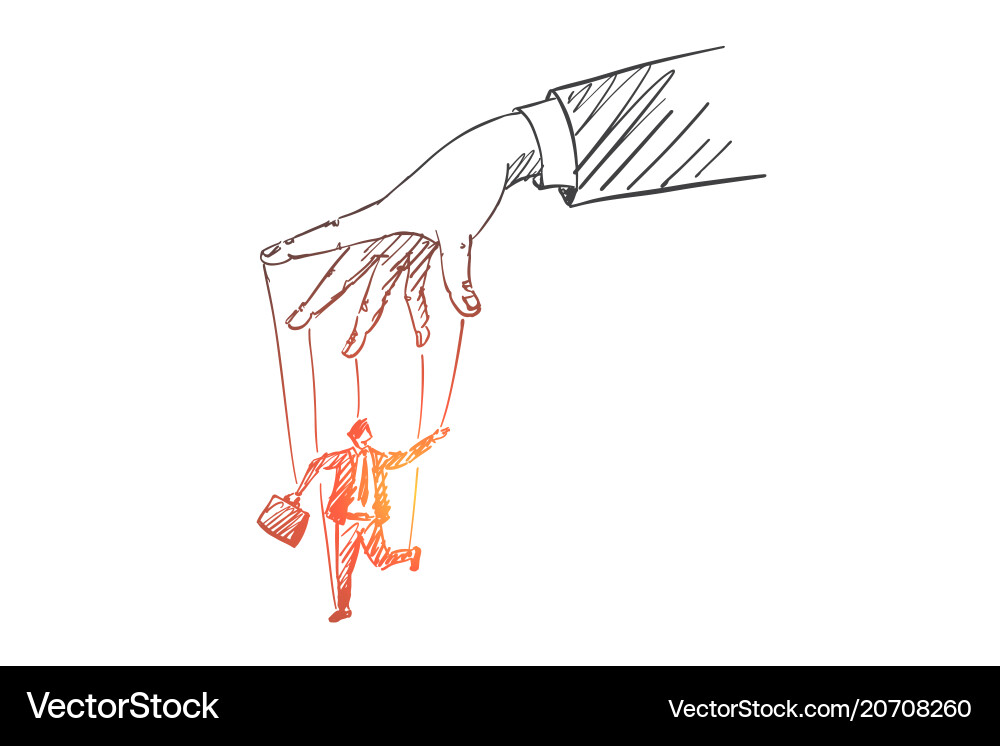 Hand drawn human arm playing with man as puppet Vector Image
