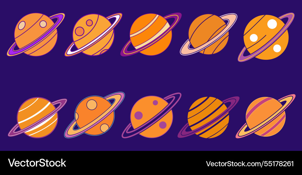 Cute cartoon planets with rings on a dark Vector Image