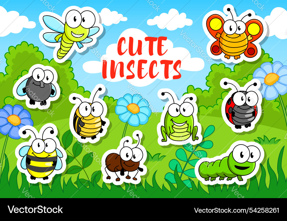 Cute Insect Stickers - Bugs & Flowers Vector Image