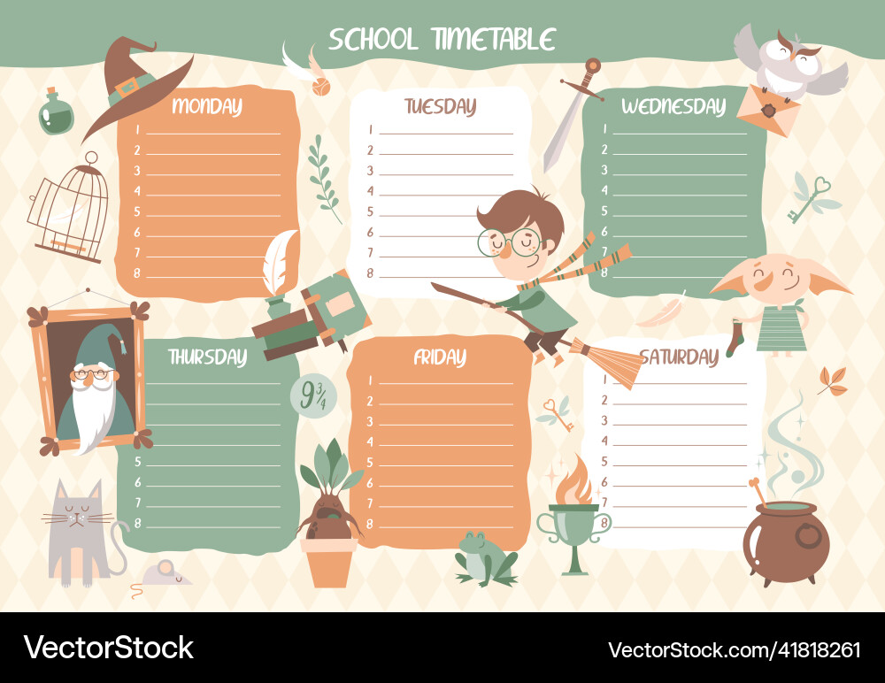 School timetable with cartoon magical and witchcra