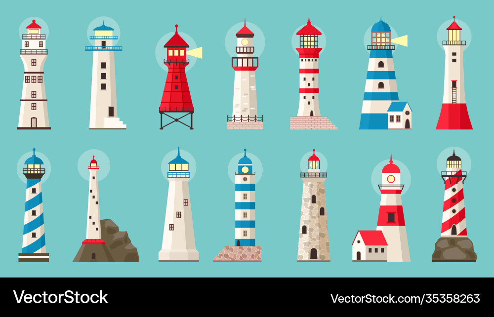 Beacon building lighthouses with searchlight Vector Image