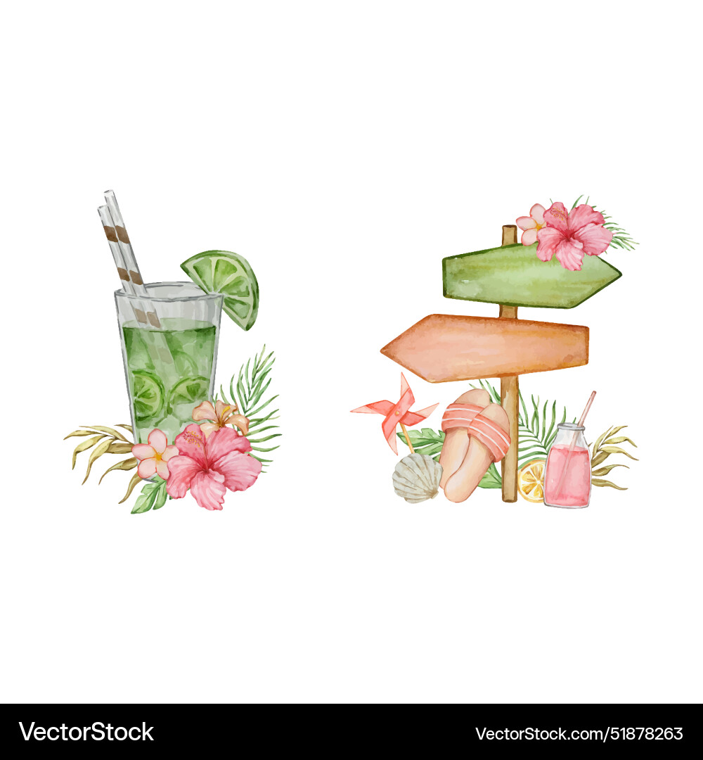 Watercolor summer holiday beach set Royalty Free Vector