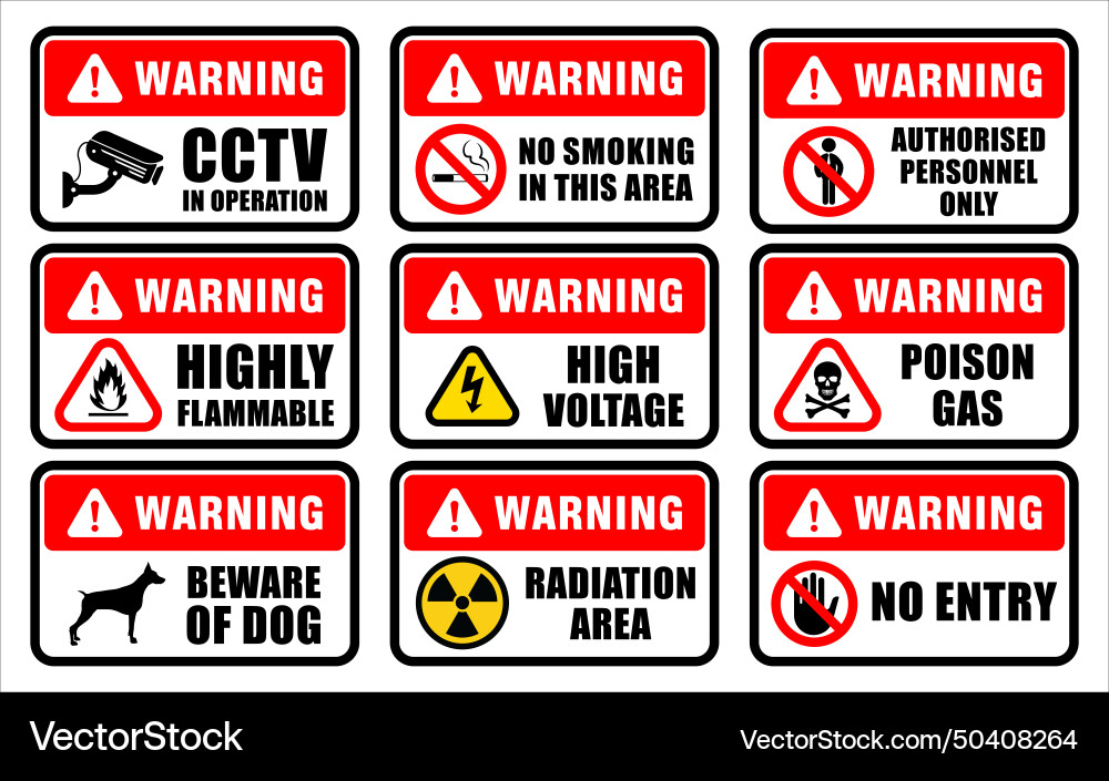 Warning caution dangerous area sign set Royalty Free Vector