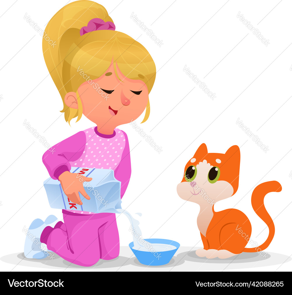 Kid feeding her pet milk cartoon Royalty Free Vector Image
