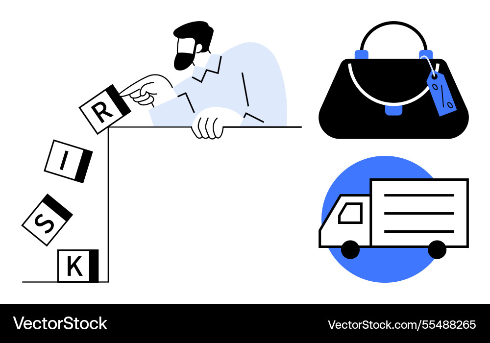 Man pushing blocks spelling risk off a ledge Vector Image