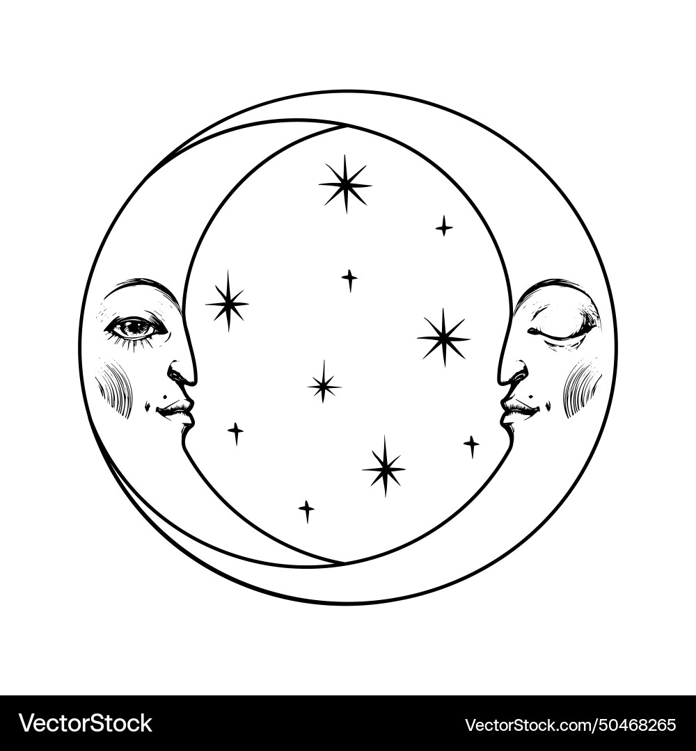 Two crescent moon with human face rising Vector Image