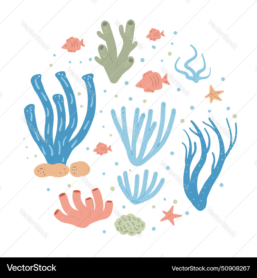 Coral reef and fish circle emblem isolated Vector Image