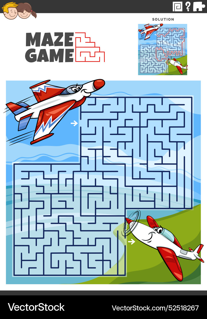 Maze game with cartoon airplanes characters Vector Image