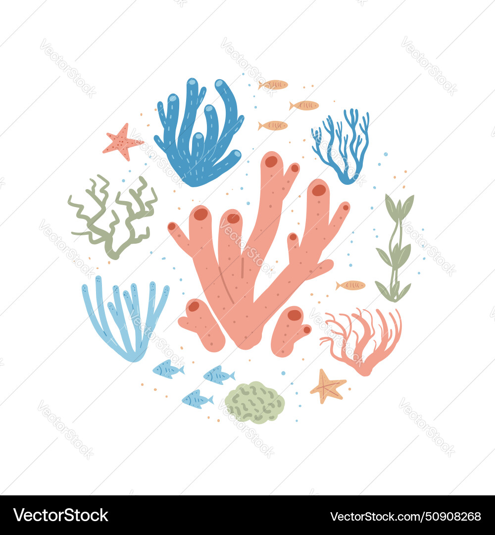 Coral reef round composition set isolated Vector Image