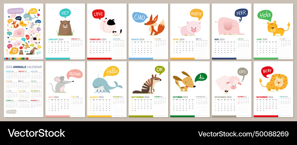 2024 calendar with hand drawn animals Royalty Free Vector
