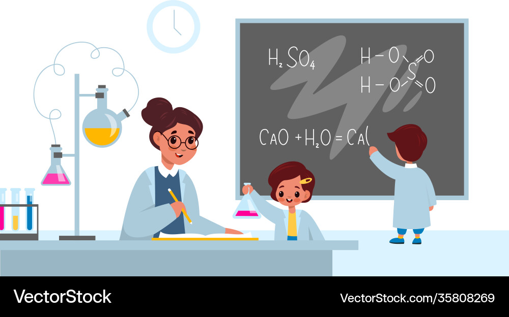 Chemistry lesson students in classroom interior Vector Image