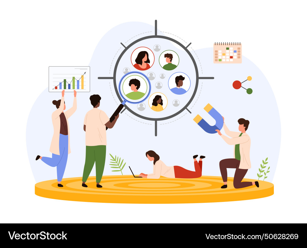 Focus group marketing research tiny people look Vector Image
