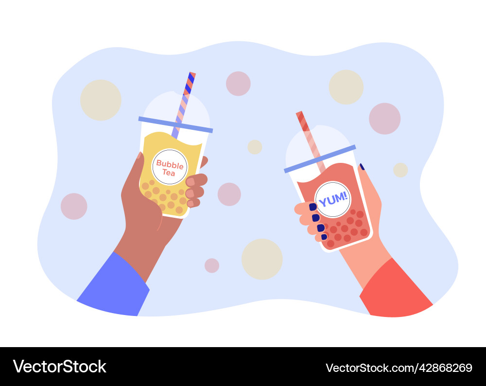 Human hands holding plastic cups with cool bubble Vector Image