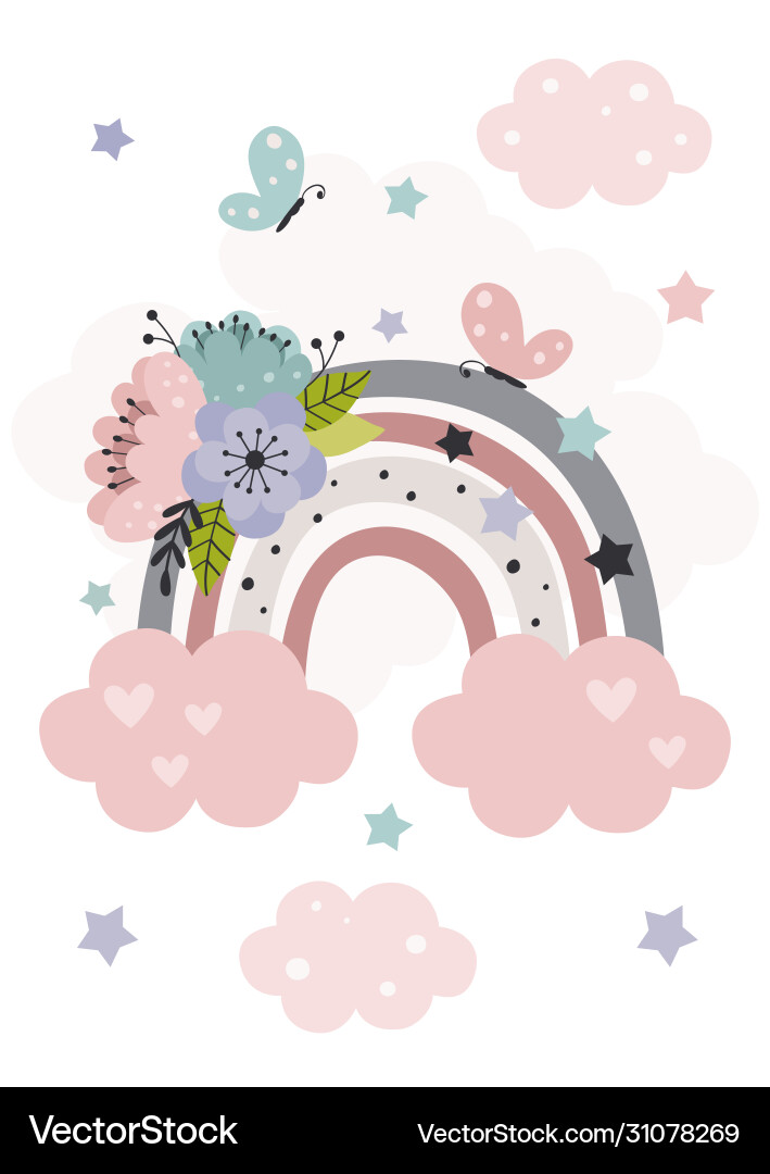 Poster with beautiful rainbow and flowers Vector Image