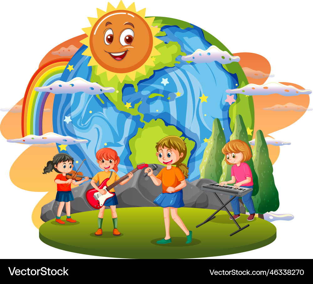 Children playing music on earth globe Royalty Free Vector