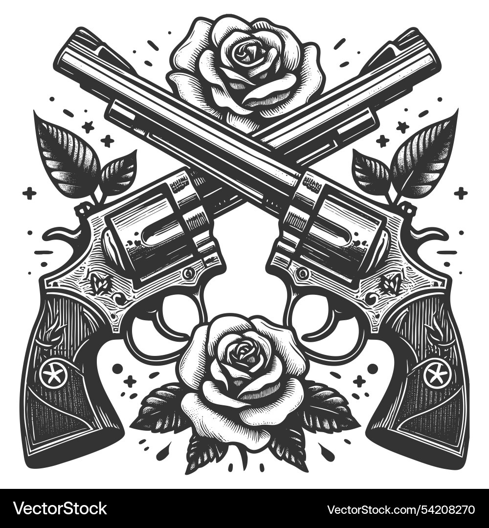Crossed revolvers with roses engraving Royalty Free Vector