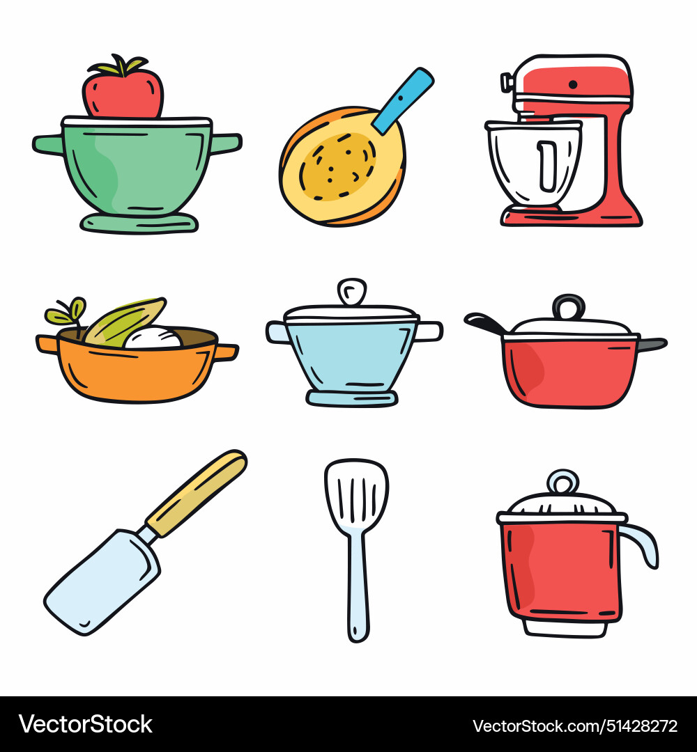 Cartoon kitchenware set including red stand mixer Vector Image