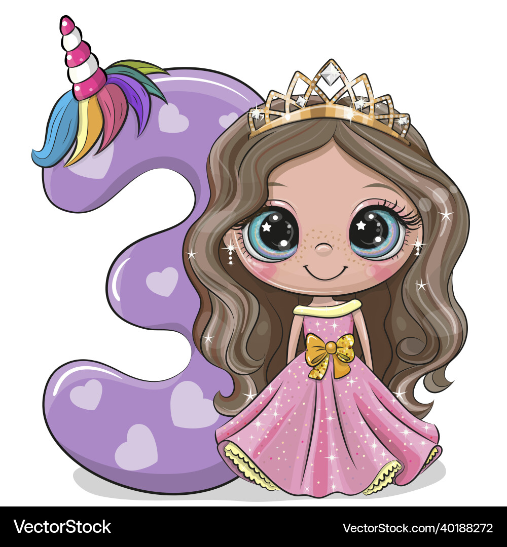Cartoon princess and number three isolated Vector Image