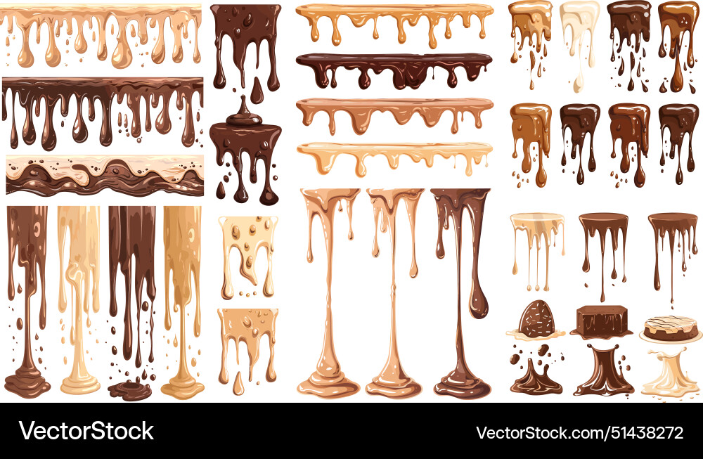 Chocolate dripping cartoon set leaks drops Vector Image