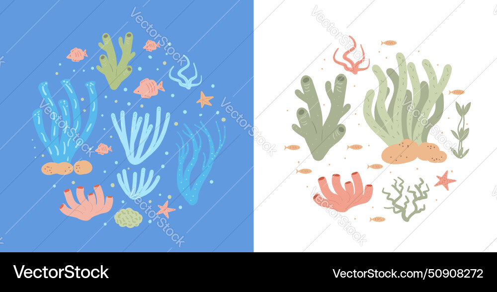 Coral reef round emblems set isolated on white Vector Image