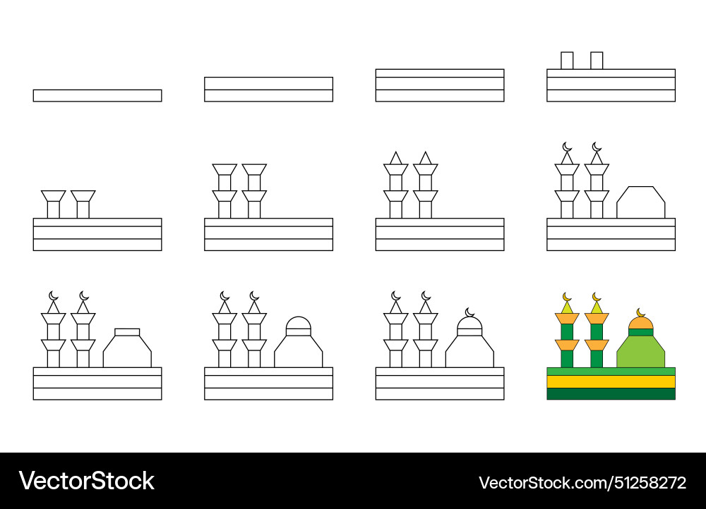 Worksheet easy guide to drawing cartoon mosque Vector Image