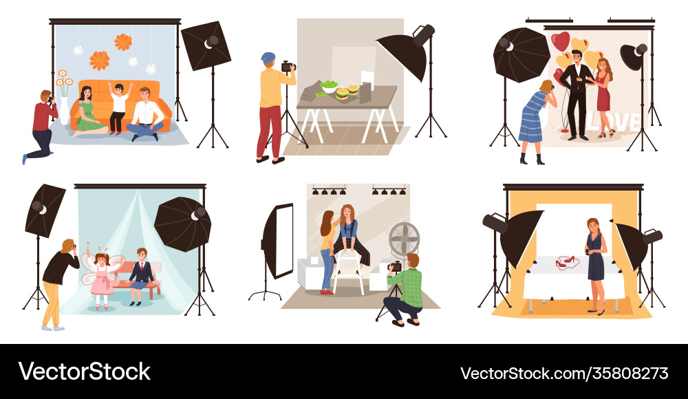 Photo studio photographers shoot models Royalty Free Vector