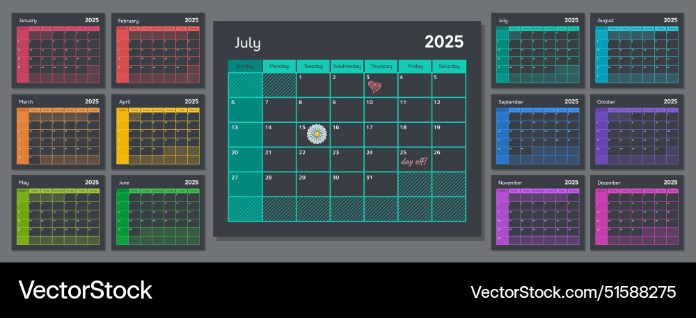 2025 Planner Calendar - Rainbow Theme Royalty Free Vector