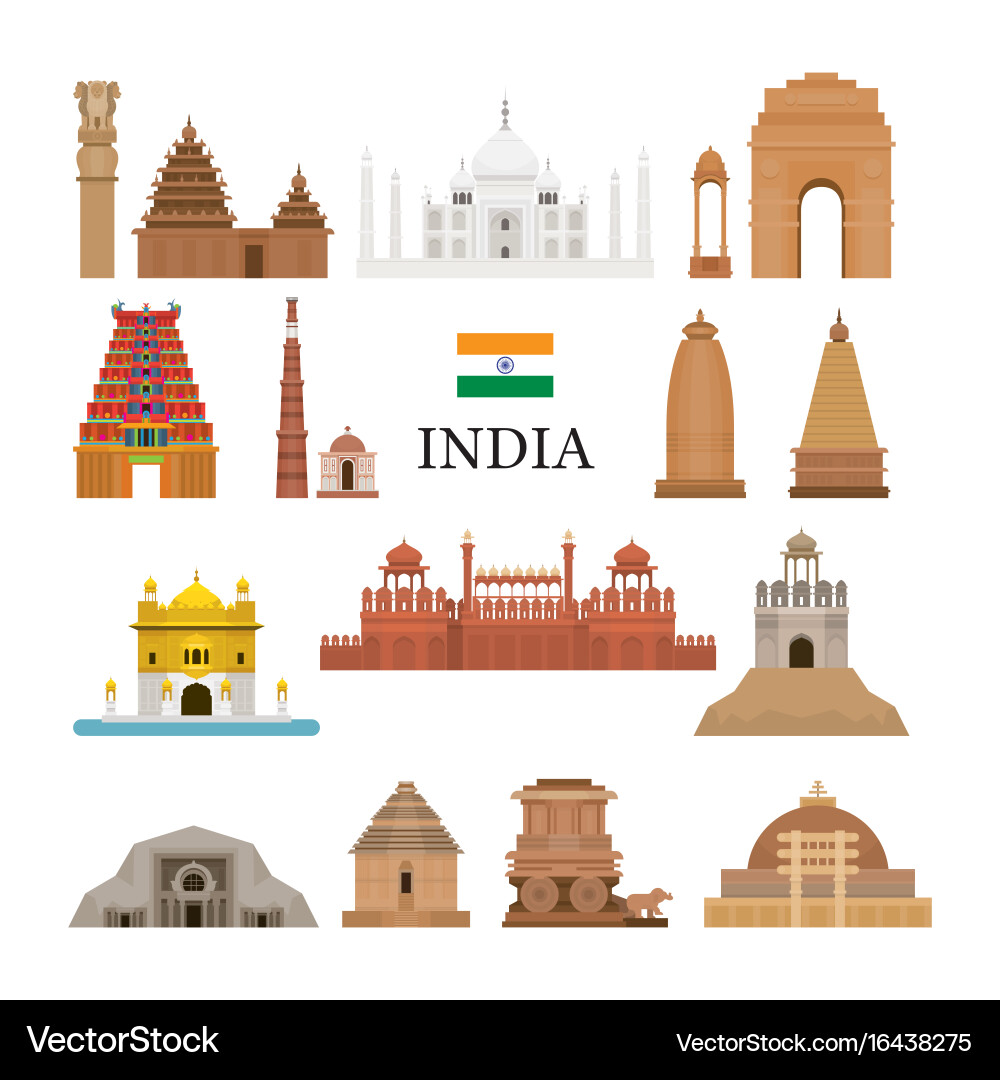 India architecture objects icons set Royalty Free Vector