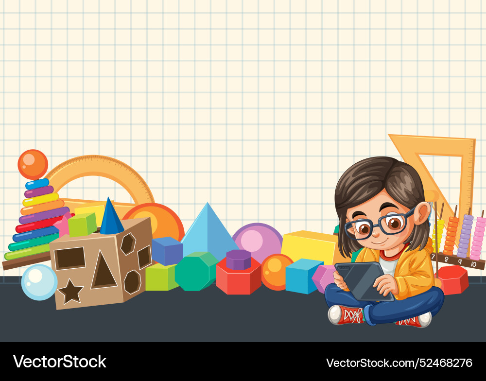 Child playing with tablet and geometric toys Vector Image