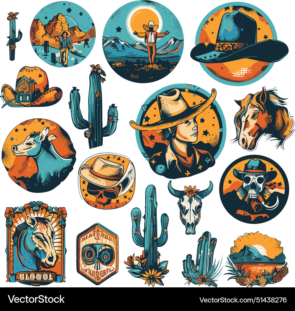 Cowboy stickers cartoon set wild west Royalty Free Vector
