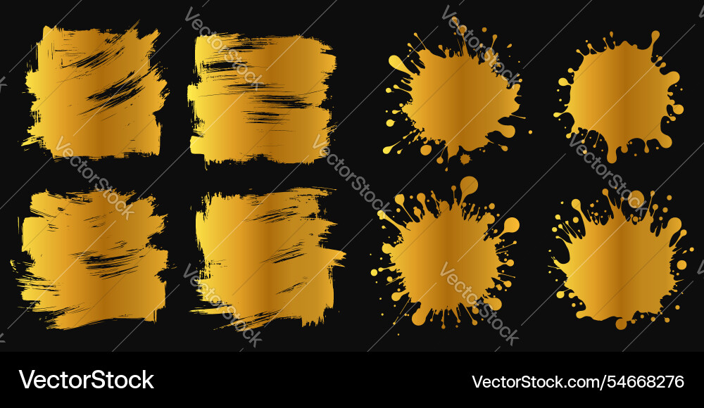 Golden brush strokes and paint blots set Vector Image